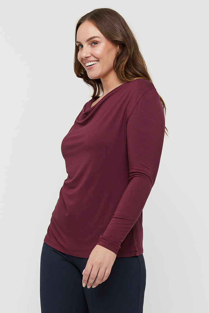 Long Sleeve Cowl Neck Top - Burgundy | Bamboo Body