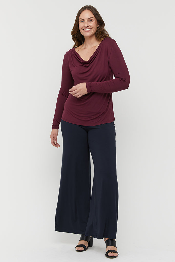 Long Sleeve Cowl Neck Top - Burgundy | Bamboo Body