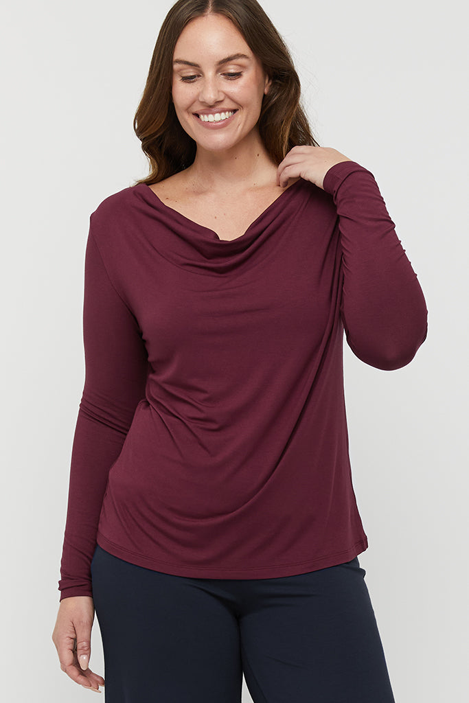 Long Sleeve Cowl Neck Top - Burgundy | Bamboo Body