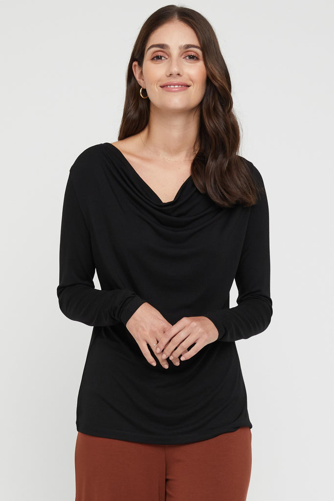 Long Sleeve Cowl Neck Top - Black | Bamboo Body