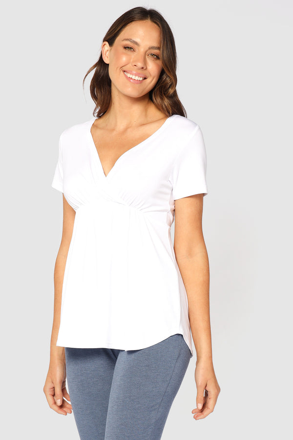 Short Sleeve Cross Front PJ Top - White | Bamboo Body